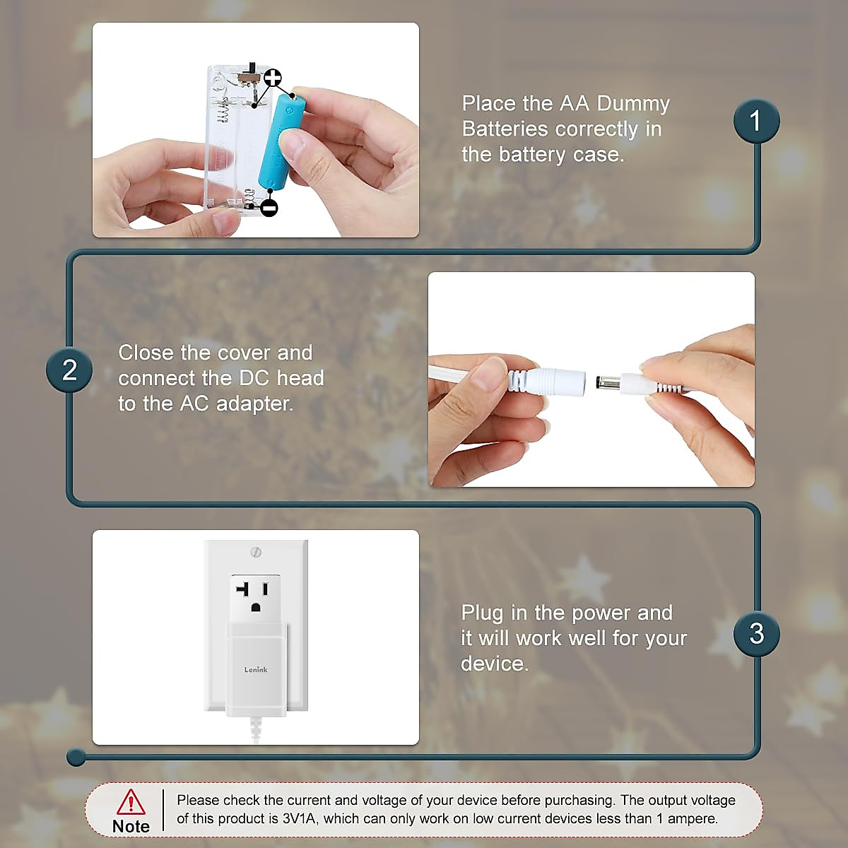Lenink AC Power Supply Adapter for AA Battery, Replace 2 AA Battery for Led Lights, Decorations (White, 1.8m/5.9ft)