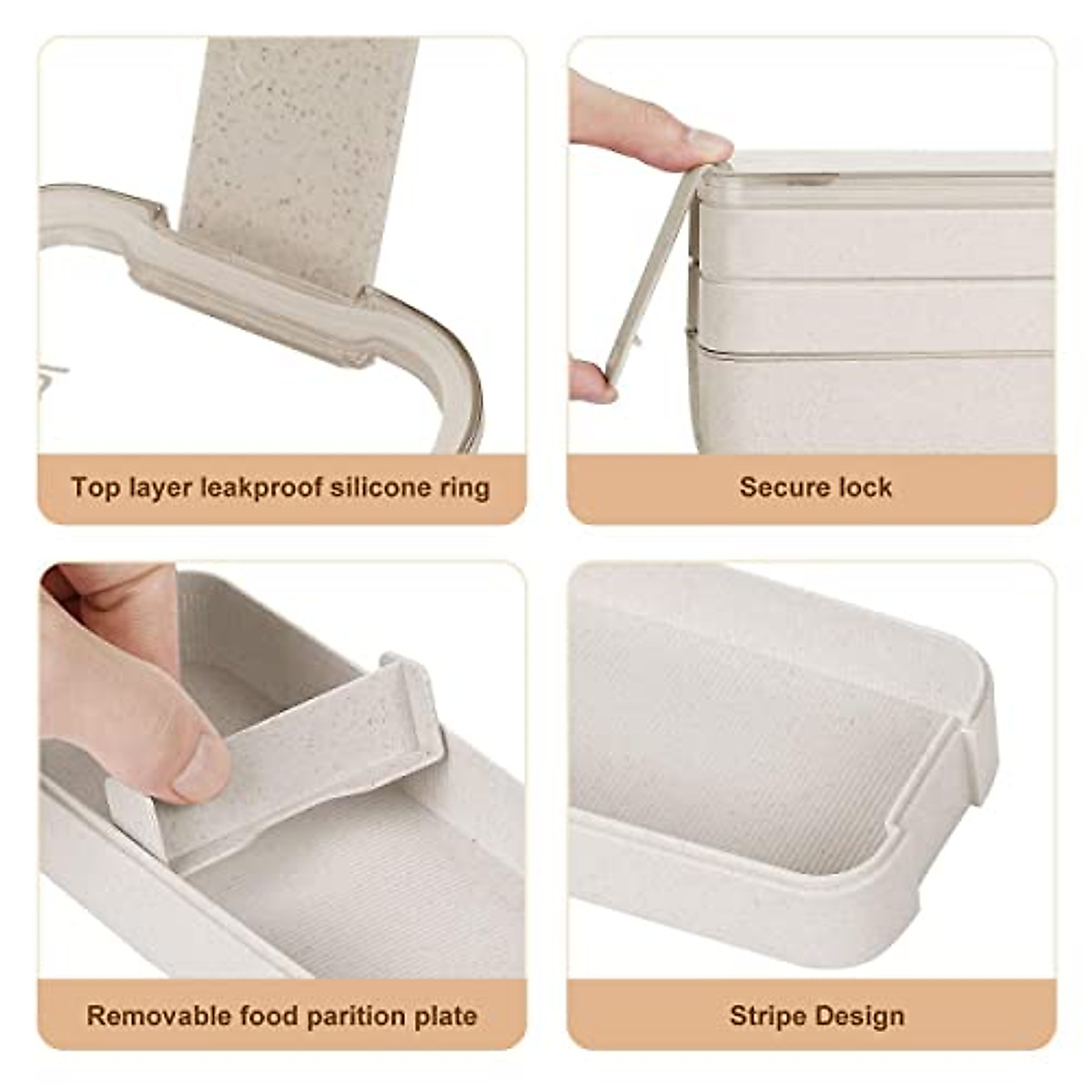 Bento Box for Adults, 3-In-1 Meal Prep Container, 900ML Japanese Lunch Box with Compartment, Wheat Straw, Leak-proof, Spoon & Fork, BPA-free (Beige)