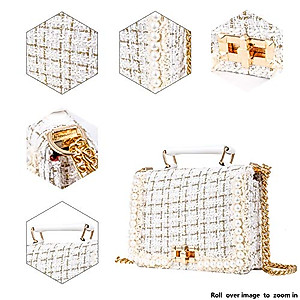 AyTotoro Women Tweed Pearl Purses and Handbags Ladies Fashion Top Handle Chain Quilted Satchel Shoulder Crossbody Tote Bag (White-1)