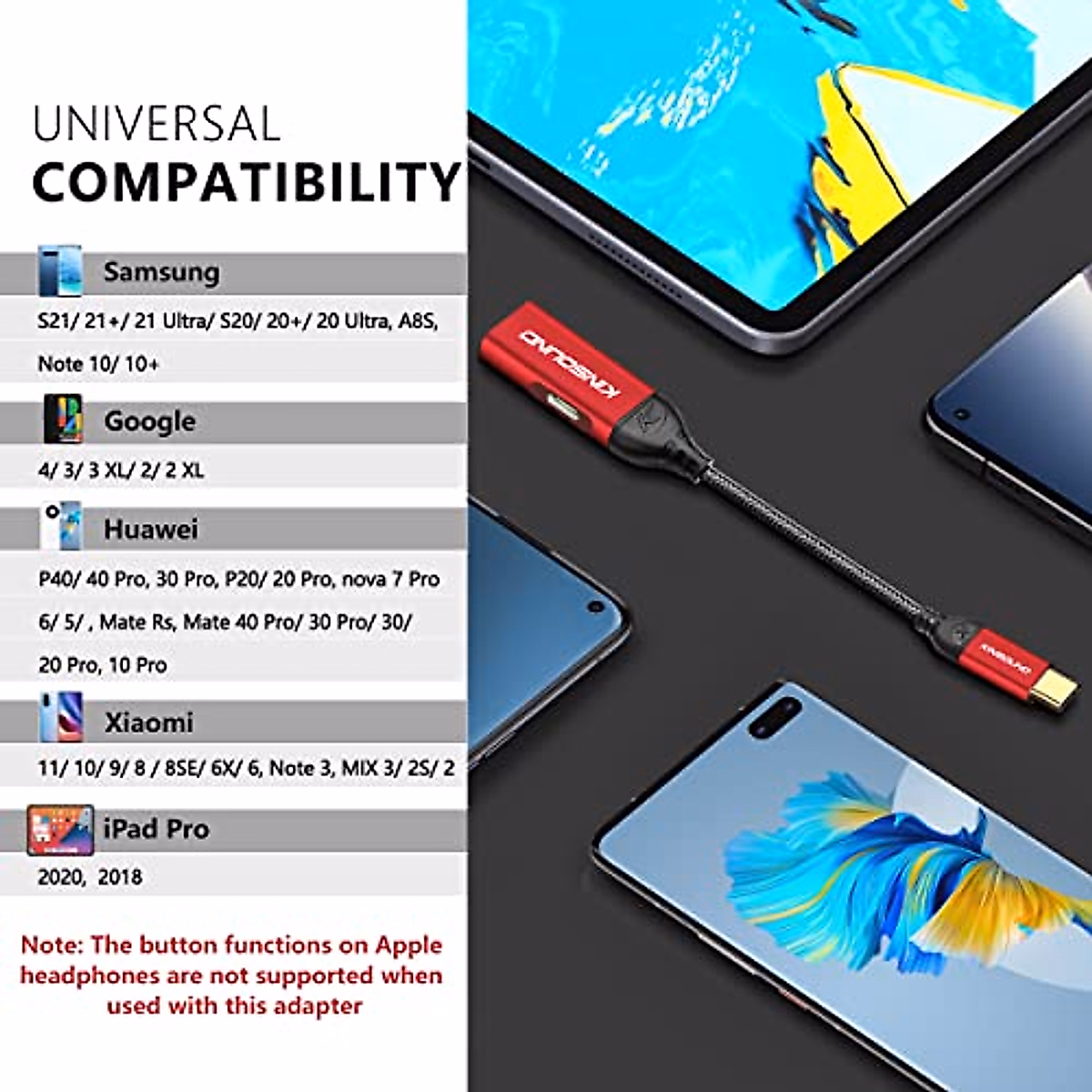 USB C to 3.5 mm Jack Adapter, 24bit Hi-Res Sound Type C to Audio Connector PD Fast Charging Compatible with Samsung Galaxy S22/S21/S20 Plus, Pixel 6/5/4/3/2, iPad Pro/iPad Air/iPad Mini, Red