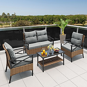 YITAHOME 4-Piece Patio Furniture Wicker Outdoor Bistro Set, All-Weather Rattan Conversation Loveseat Chairs for Backyard, Balcony and Deck with Soft Cushions and Metal Table (Light Brown+Gray)