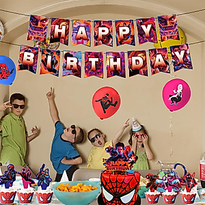 Miles Morales Party Supplies Spider Birthday Decorations for Boys Include Happy Birthday Bannner, 18 Latex Balloons, 1 Cake Topper and 12 Cupcake Toppers for Across Spider Party Decorations