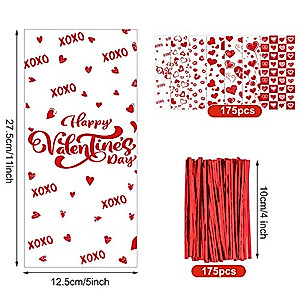 Zonon 175 Pieces Valentine Party Favor Bags Valentine Goodies Bags Valentine Cellophane Bags Valentine Cookie Bag with 200 Pieces Twist Ties for Valentine Party Candy and Cookies