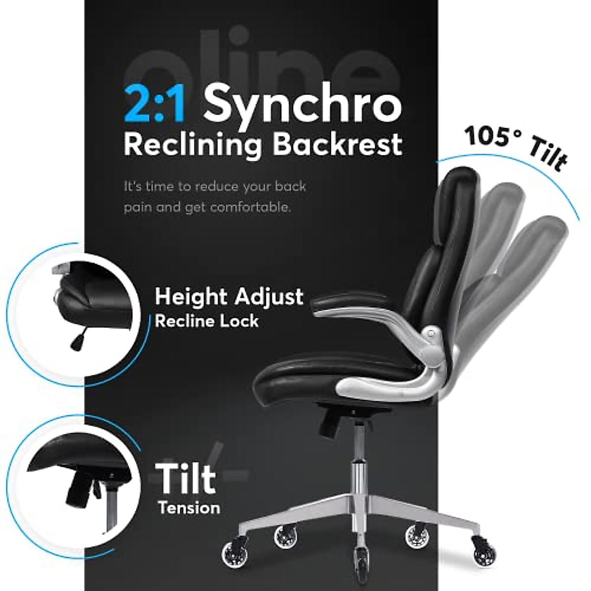 Oline Ergonomic Executive Office Chair - Rolling Home Desk PU Leather Chair with Adjustable Armrests, 3D Lumbar Support and Blade Wheels - Computer Gaming Swivel Chairs (Black)