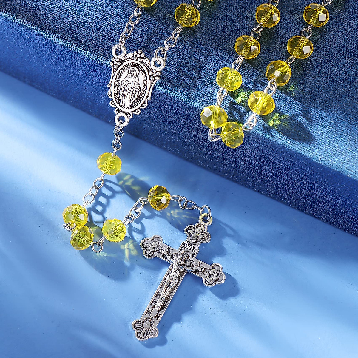 Catholic Rosary Yellow Crystal Beads Necklace with with Miraculous Medal Cross Crucifix Rosaries Communion Rosary
