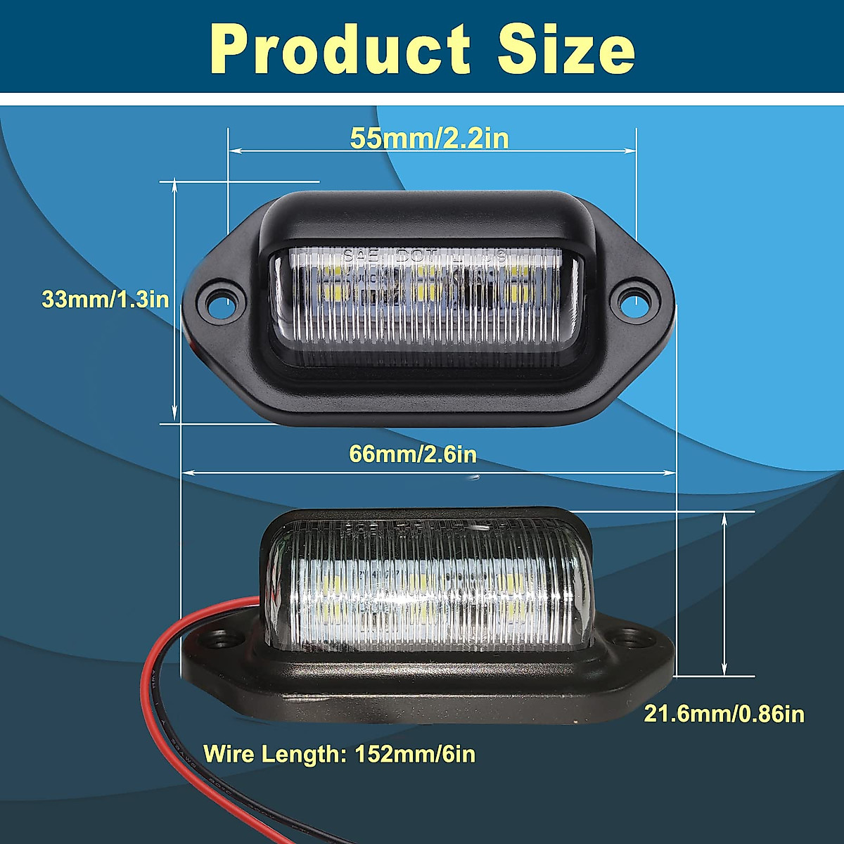 2PCS Xenon White LED License Plate Light, 12V-24V DC Waterproof 6-SMD Lamp Taillight, For Truck SUV Trailer Van RV Boats as Step Courtesy Light, Dome/Cargo Lights or Under Hood Light