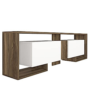 The Urban Port 71-Inch Wooden TV Console Entertainment Media Center, 2-Piece Set, Wall Mounted Floating Shelf, White and Brown