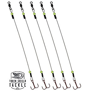 Tooth Shield Tackle Ice Fishing Tip Up Leader/Rig (90 lb) / Ice Fishing Sucker Walleye Pike Musky Predator Rig (5 Pack) [Camo Wire/Chartreuse Bead] (Hook Size: 1)