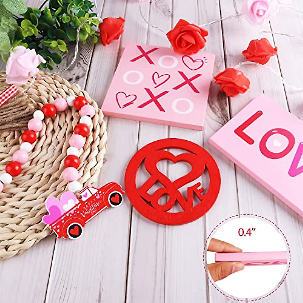 CAKKA Valentines Day Tiered Tray Decor, 11 PCS Red Gnome Pink XO Love Wooden Sign Writing Board Bead Rose Light, Valentine's Day Table Decor Ornament for The Home, Valentines Day Decor Decoration