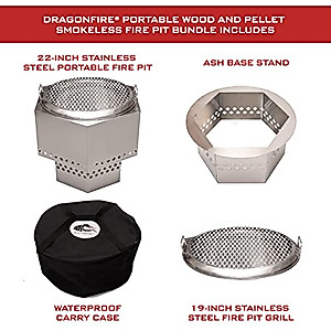 Dragonfire Portable Smokeless Firepit, Accessories Included: Grill, Base Stand, Carrying Case. Wood Pellet/Log Burning Outdoor Fire Pit. Stainless Steel, 22 Inch, Nesting Base for Compact Storage.