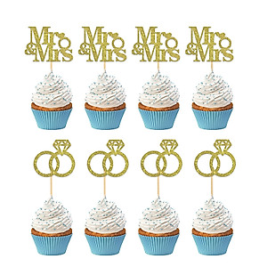 ShuanQ Mr & Mrs Cupcake Topper - Gold Glitter Wedding Cupcake Toppers - Engagement/Bridal Shower/Anniversary Cupcake Picks, 24pcs