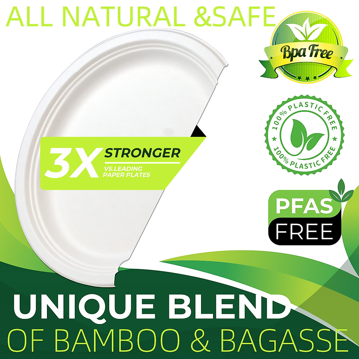 BIRCHIO 100PCS 100% Compostable White Oval Paper Plates(12in), Heavy Duty Disposable Plates, Eco-Friendly Dinner Plates, Biodegradable Salad, Meal, Dessert Plates, Perfect for Parties, Picnic, BBQ