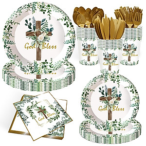 168Pcs God Bless Plates and Napkins Baptism Tableware Set First Holy Communion Party Decorations Mi Bautizo Eucalyptus Leaves Sage Paper Plates Christening Celebration Baby Shower Supplies,Serve 24