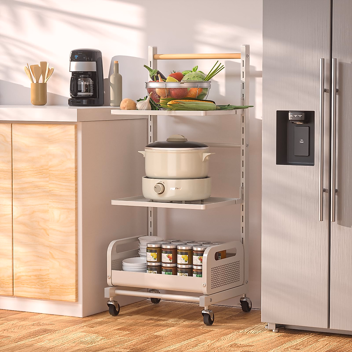 Aratan 3 Tier Rolling Cart, Small Utility Cart on Wheels, White Detachable Kitchen Cart Storage Organizer Cart with Wooden Handle for Home, Office and Classroom