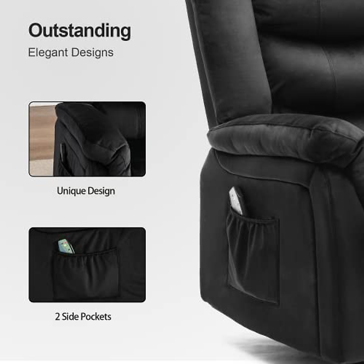 KALEVILL Recliner Chair with Heat and Massage, Recline Chair 360° Swivel Rocker Rocking Recliner, Overstuffed Home Theater Seating with 4 Side Pockets Black