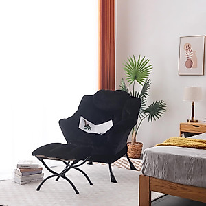 LITA Lazy Chair with Ottoman, Modern Accent Leisure Upholstered Sofa Chair, Lounge Reading Chair with Armrests and a Side Pocket for Living Room, Bedroom & Small Space, Plush Black