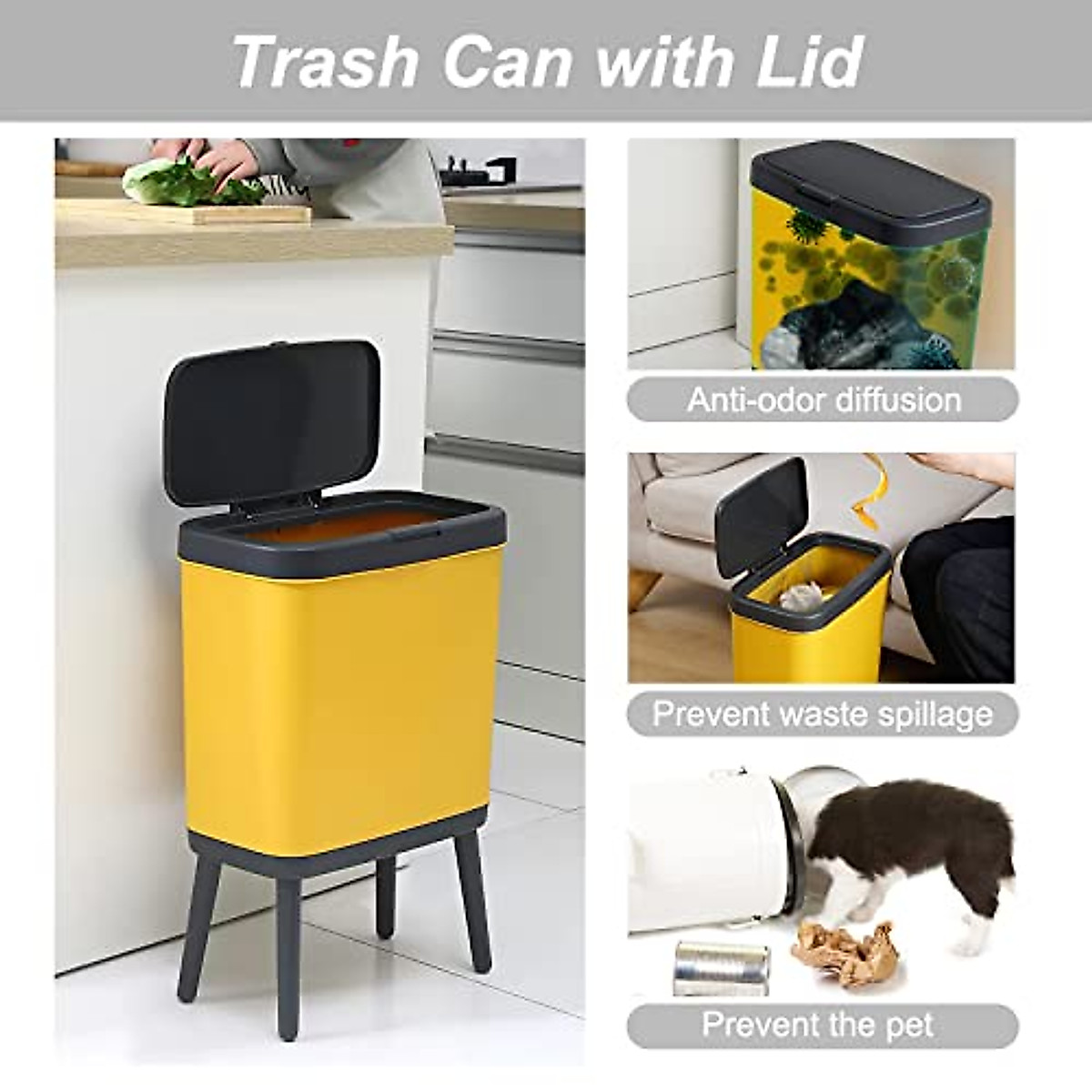 Slim Trash Can with Lid,4Gallon Plastic Garbage Can with Push Button,Dog Proof Trash Can for Room,Tall Kitchen Garbage Bin, Narrow Modern Waste Basket for Bathroom,Living Room,Toilet,Office(Yellow)
