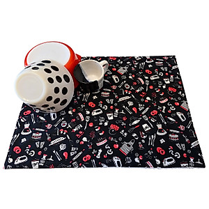 Dish Drying Mat - Coffee Station Mat - Pet Placemat - Appliance Mat - Kitchen Mat - Kitchen Tools in Red, Black and Cream - 16 x 20 Inches - Handmade by Green Acorn Kitchen