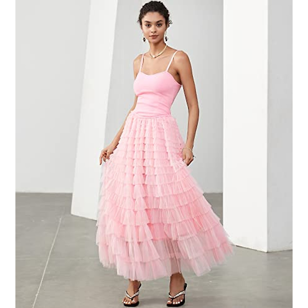 Women's Tulle Maxi Dress Spaghetti Strap Layered Fluffy Ruflfle Prom Birthday Party Long Dress