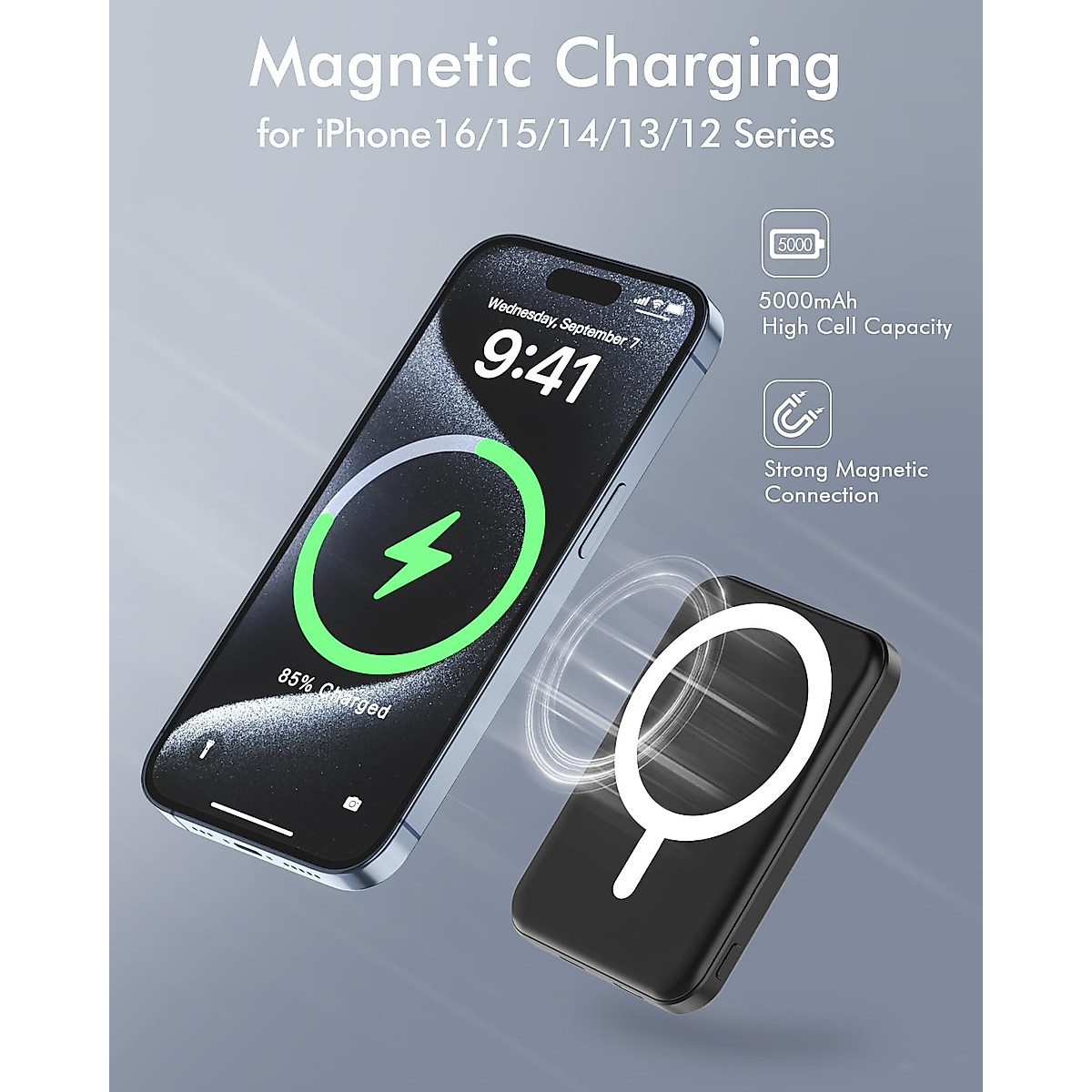 podoru for Magsafe Battery Pack, 5000mAh Magnetic Power Bank with Type-C Cable 20W PD Fast Charging Lighting Input Wireless Portable Charger for iPhone 16/15/14/13/12/ All Series-Black