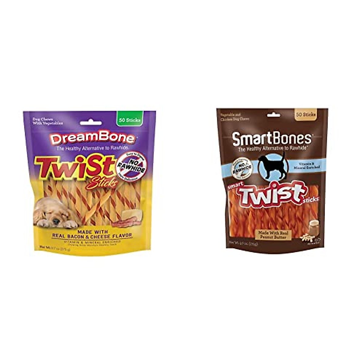 DreamBone Twist Sticks with Real Bacon and Cheese Flavor 50 Count, Rawhide-Free Chews for Dogs & SmartBones Smart Twist Sticks with Peanut Butter 50 Count