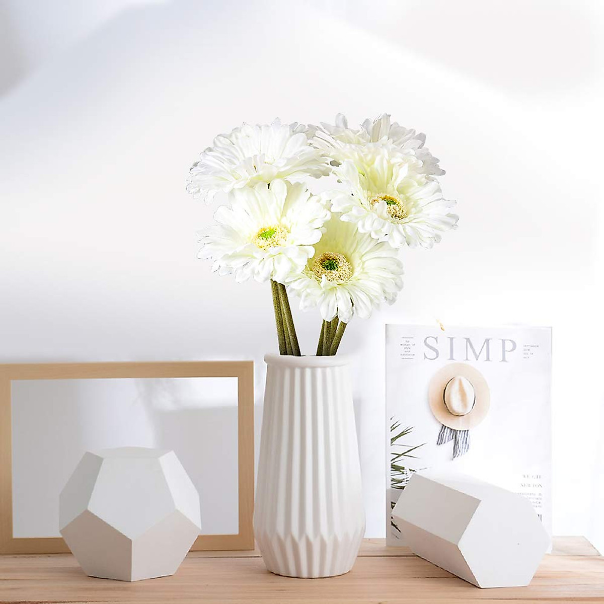 Flovewer 17 Inch Tall 7 Pcs Gerber Daisy Artificial Flower Bouquet Fake Silk Flowers for Handwork Wedding Party Home Garden Decoration(White)