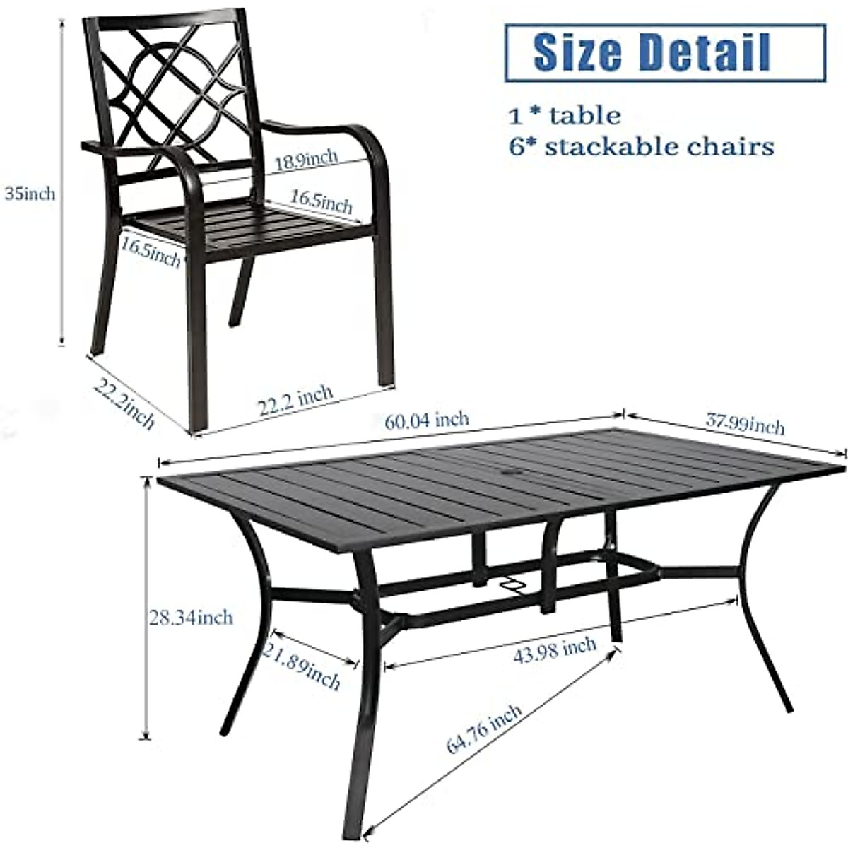 SOLAURA 7-Piece Outdoor Patio Dining Set, 6 Person Garden Dining Set Furniture with Slat Table Top/Backyard Stacked Chairs, 1.57" Umbrella Hole (Black)