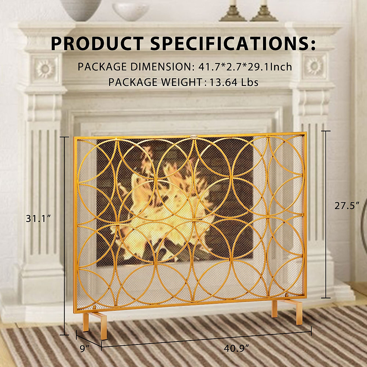 VIVOHOME 40.9 x 31.1 Inch Single Panel Wrought Iron Fireplace Screen Metal Decorative Mesh Fire Spark Guard Fireplace Cover Gold