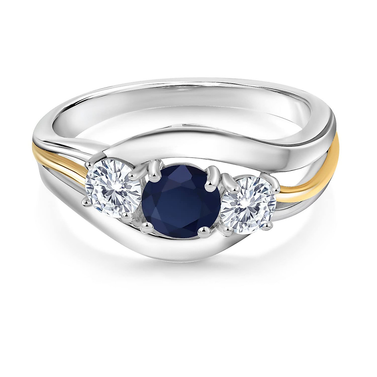 Gem Stone King 925 Sterling Silver and 10K Yellow Gold Round Blue Sapphire and White Lab Grown Diamond 3 Stone Ring For Women (1.14 Cttw, Available In Size 5, 6, 7, 8, 9)