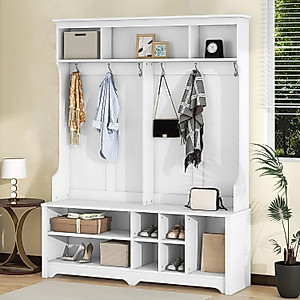Rovibek Hall Tree with Bench and Shoe Storage Coat Rack 60in Entryway Bench Wooden Shoe Rack Storage Cabinet Shelf Entryway Furniture Home Organizer for Living Room Entryway, White