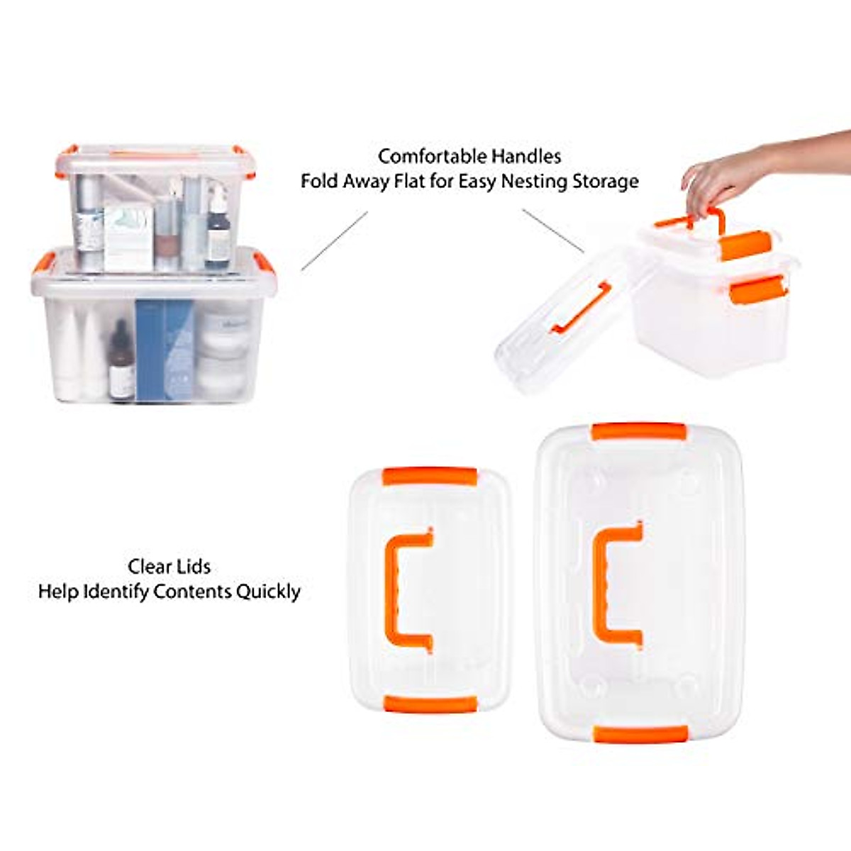 Noble Designs Storage Bins | Medium and Small Set (6q & 3.5q) | Perfect for Toy Set | Office Set | Outdoors and Outings Set | Latches Well | Orange Latches and Folding Handle