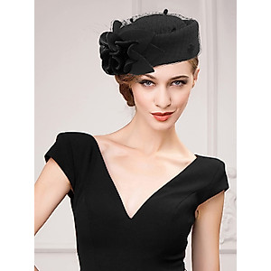 Z&X Wool Felt Veil Fascinator Pillbox Hats for Women Winter Tea Party Church Derby Hat Flower Beret Fedoras Black, One Size