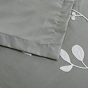 Dykoos Embroidered Soft Brushed Microfiber Duvet Cover Set, Floral Branches, Gray and White, King Size with Zipper Closure and Corner Ties, 1 Duvet Cover and 2 Pillow Shams