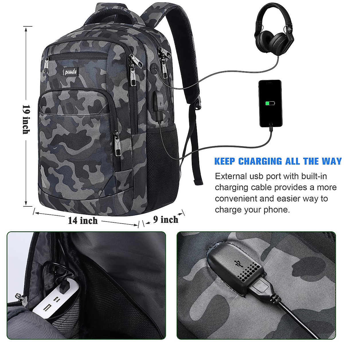 Paude 17 inch Travel Business Backpack for Men,College Backpack School Bookbag for Teens,Laptop Bookbag with USB Port and Headphone Hole,Camouflage Black
