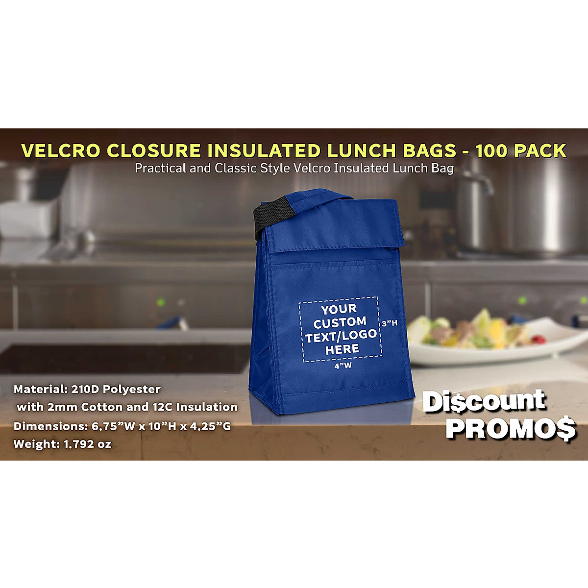 DISCOUNT PROMOS 100 Hook and Loop Insulated Lunch Bags Set - Customizable Text, Logo - Polyester, Durable, Vibrant, Reusable - Blue