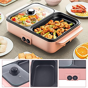 Hot Pot with Grill, Electric Hot Pot and Frying Pan, Shabu Shabu Pot with Grill, 2 in 1 Indoor NonStick Shabu Shabu Pot and Griddle, Dual Temperature Control, Fast Heating for BBQ Steaks Noodles(Pink)