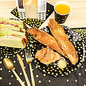 176 Pieces Gold Disposable Party Dinnerware Set &Golden Dot Disposable Party Dinnerware - Black Paper Plates Napkins Cups, Gold Plastic Forks Knives Spoons (25 Guests,176 Pieces)