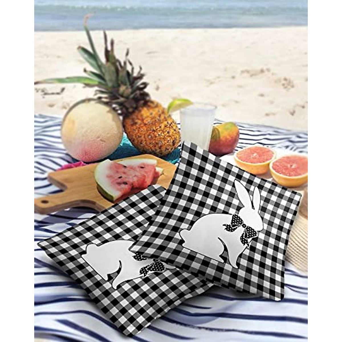 Outdoor Waterproof Throw Pillow Covers 2 Pack Rabbit Easter Bunny Point Bow Square Couch Sofa Cushion Cases White Black Checker Pillowcase Shell for Patio Garden Home Decoration