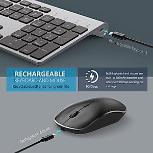 Rechargeable Wireless Keyboard Mouse-J JOYACCESS 2.4G Full Size Thin Wireless Keyboard and Mouse with Long Battery Life, Ergonomic and Compact Design for Laptop,PC,Desktop,Computer,Windows-Black& Grey