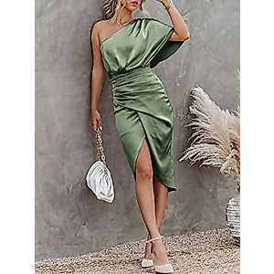 ANRABESS Women Satin One Shoulder Short Sleeve Ruched Bodycon Wrap Cocktail Party Midi Dress 2023 Graduation Prom Dresses Elegant Wedding Guest Evening Night 891anlv-M Army Green