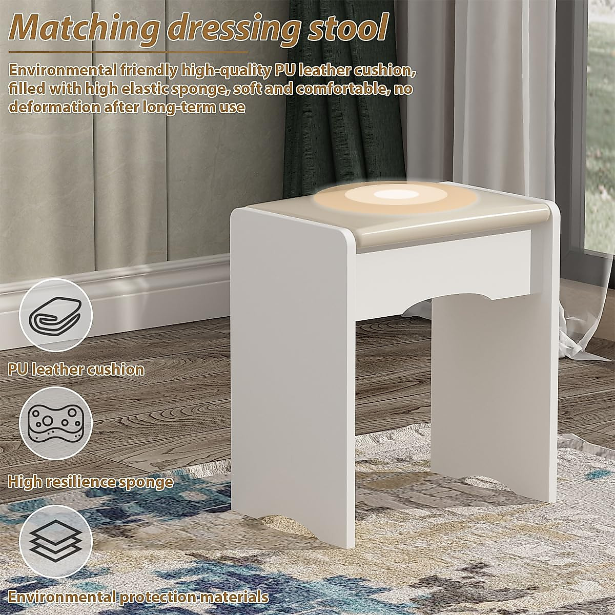 FUFU&GAGA Vanity Set with Mirror, Makeup Vanity Dressing Table with 5 Drawers, Shelves, Dresser Desk & Cushioned Stool Set (White, No Light)