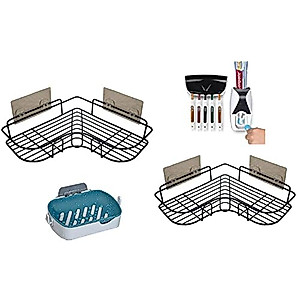 LAMEF 2 Packs Shower Corner Shelf with Soap Holder, Bathroom Shower Organizer with Toothpaste Dispenser and Toothbrush Set Holder, Shower Corner Caddy with Adhesive Hooks for Bathroom Storage