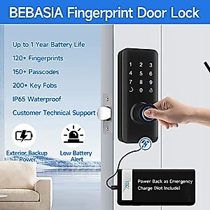 BEBASIA Smart Door Lock, Keyless Entry Door Lock, Fingerprint Door Lock, Door Locks with Keypads, Bluetooth WiFi Door Locks, Keypad Door Lock with Reversible Handle, APP Control, Fobs, Code (Black)