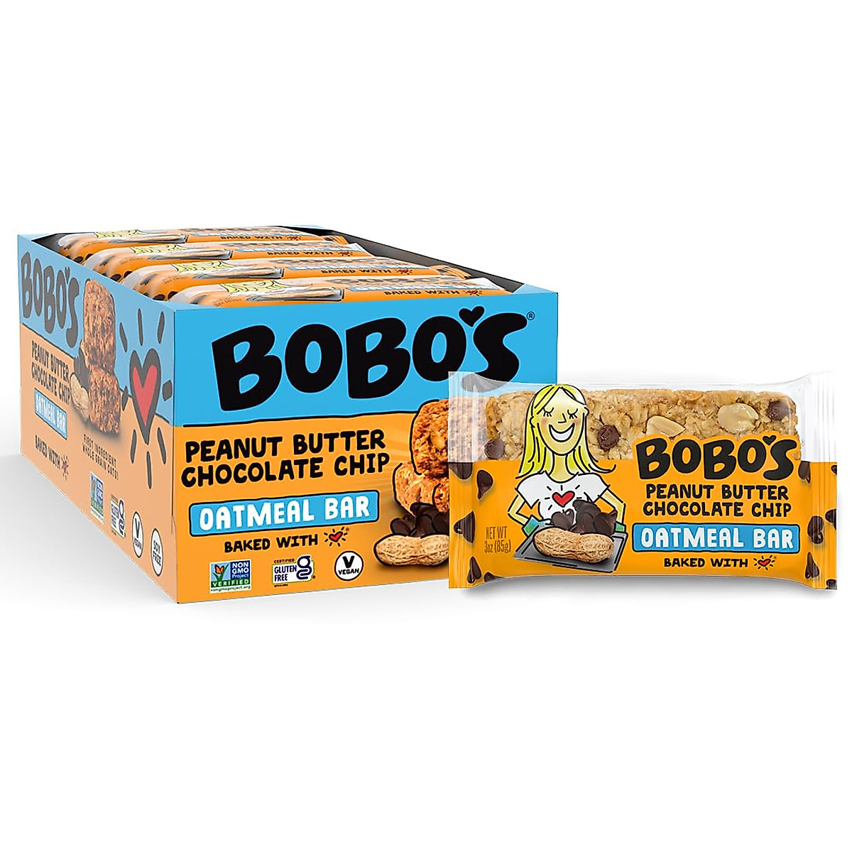 Bobo's Oatmeal Bars, Peanut Butter Chocolate Chip, Gluten Free Vegan Whole Grain Oat Bars, Pack of 12