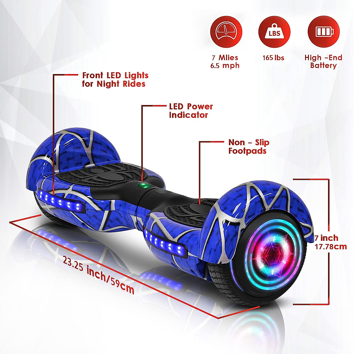 EMAXUSA, Spider-Pattern Hoverboard for Kids Ages 6-12, with Bluetooth Speaker and LED Lights 6.5" Hover Board, UL2272 Safety Certified (Blue)