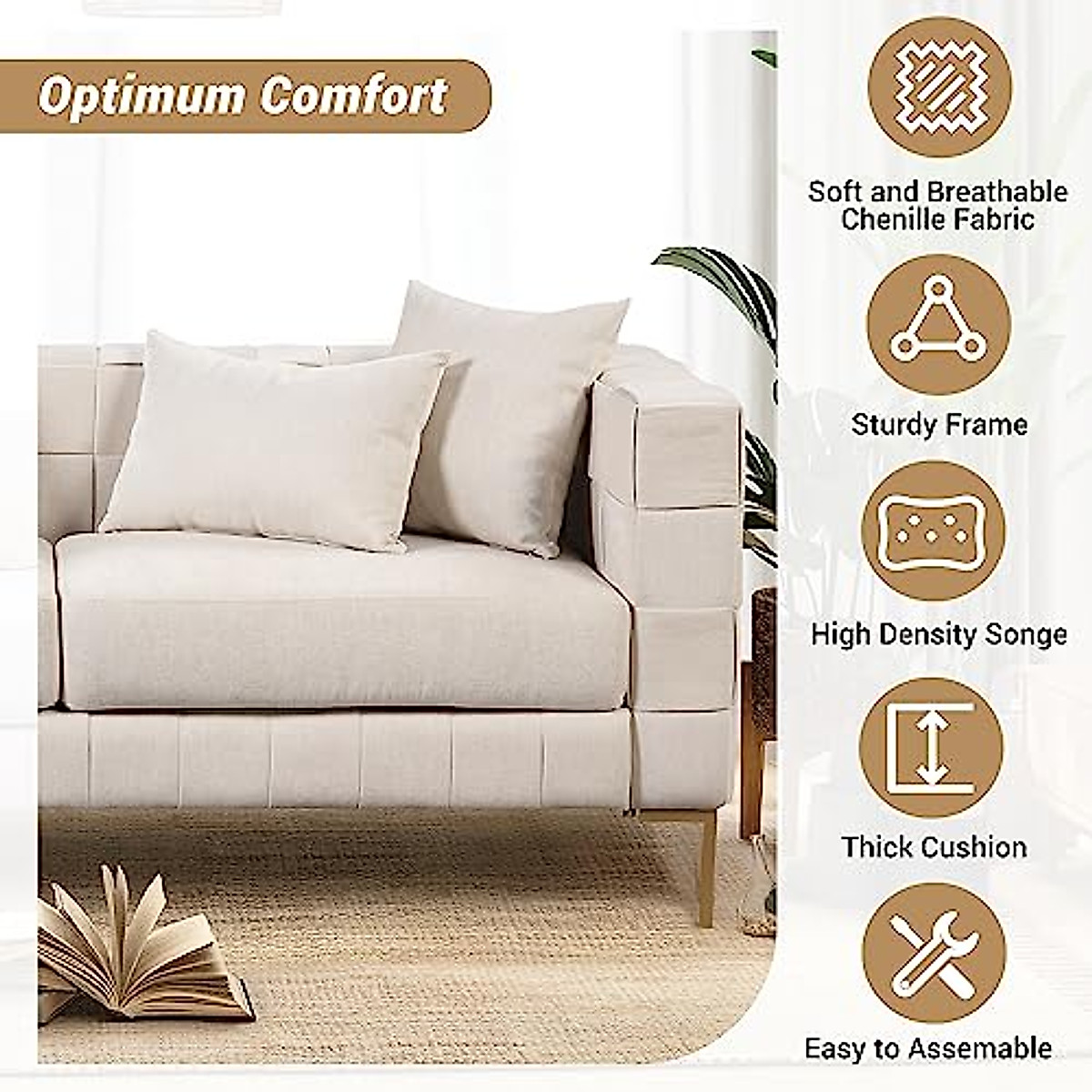 Livavege 80.7" Modern Sofas Living Room, Fabric Comfy Deep Seat Couch with Metal Legs and 2 Pillows, Removable Back and Thickened Soft Cushion, Furniture for Bedroom, Apartment, Office, 80", Grey