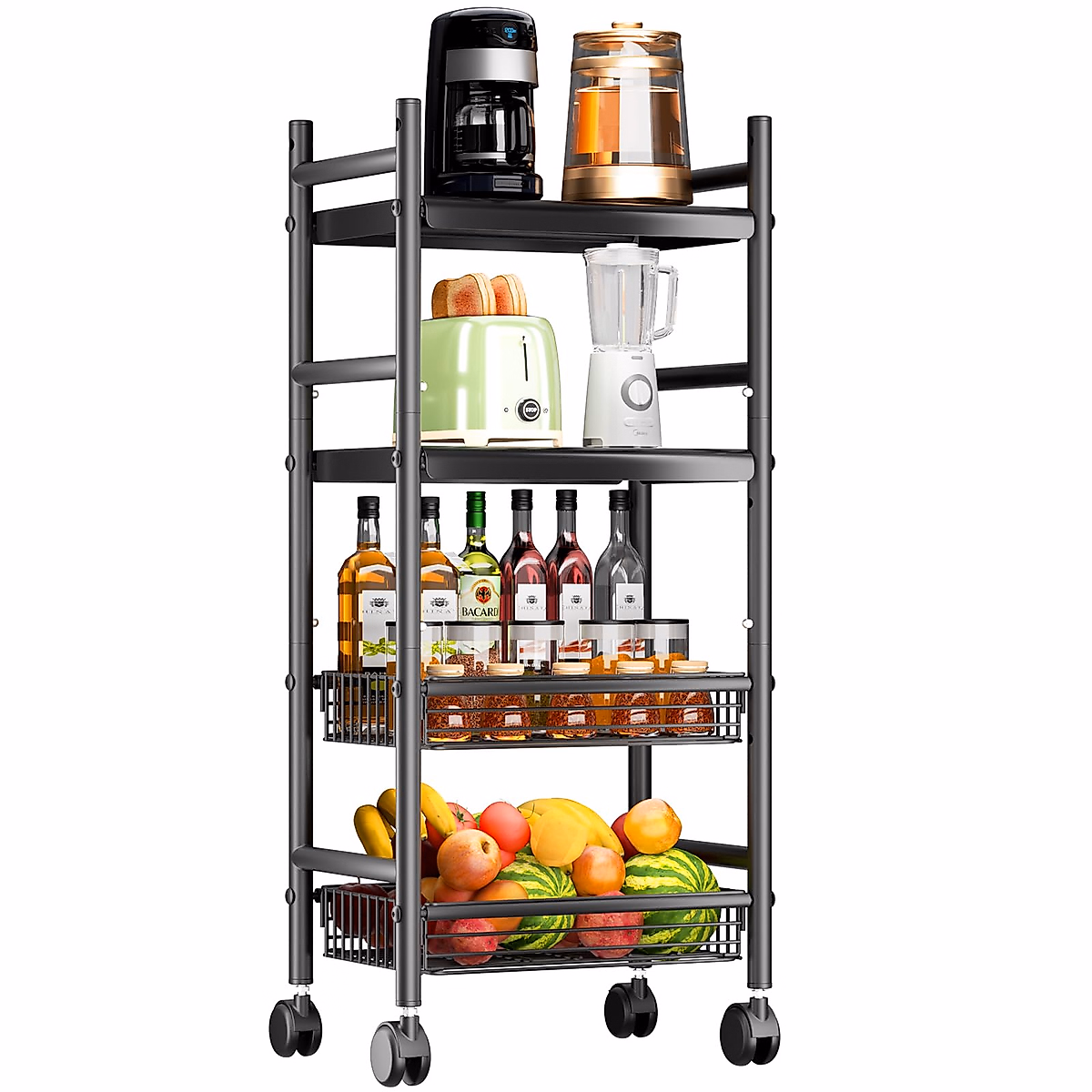 caktraie 4 Tier Rolling Cart, Kitchen Carts on Wheels with Storage and Steel Frame, Multifunctional Utility Cart with Wheels for Kitchen, Bathroom, Living Room, Bar, Office