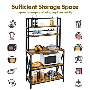 Yaheetech Kitchen Bakers Rack with Storage, 5-Tier Microwave Oven Stand Shelf Coffee Bar, Freestanding Utility Kitchen Storage Rack with X Designed Metal Support, 35.5 x 16 x 65 inches, Rustic Brown