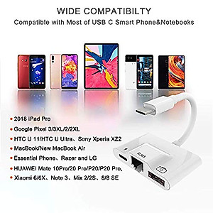 USB C to Ethernet Adapter,3 in 1 RJ45 to USB C Ethernet Adapter with USB Port and USB C Charge Compatible for MacBook Pro,Air, Dell XPS,Samsung Galaxy,Surface 7,iPad pro 2020,HTC U11 and More