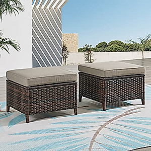 Rilyson Outdoor Ottoman Wicker Patio Ottomans - 2 Piece Footrest Footstools Set Rattan Outdoor Ottomans for Patio with Thick Cushions(Brown/Grey)